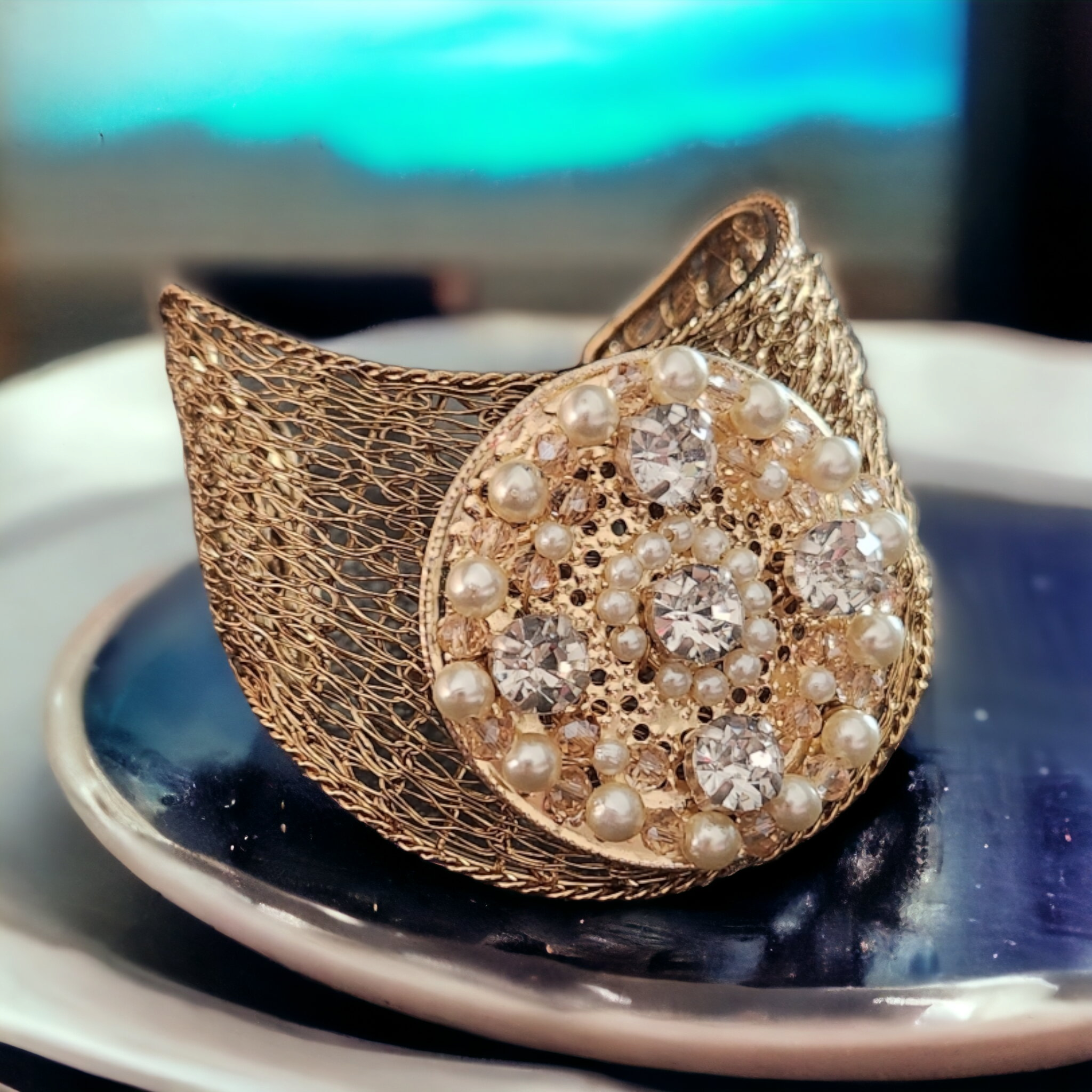 Embellished gold mesh handcuff – The House of Aqua