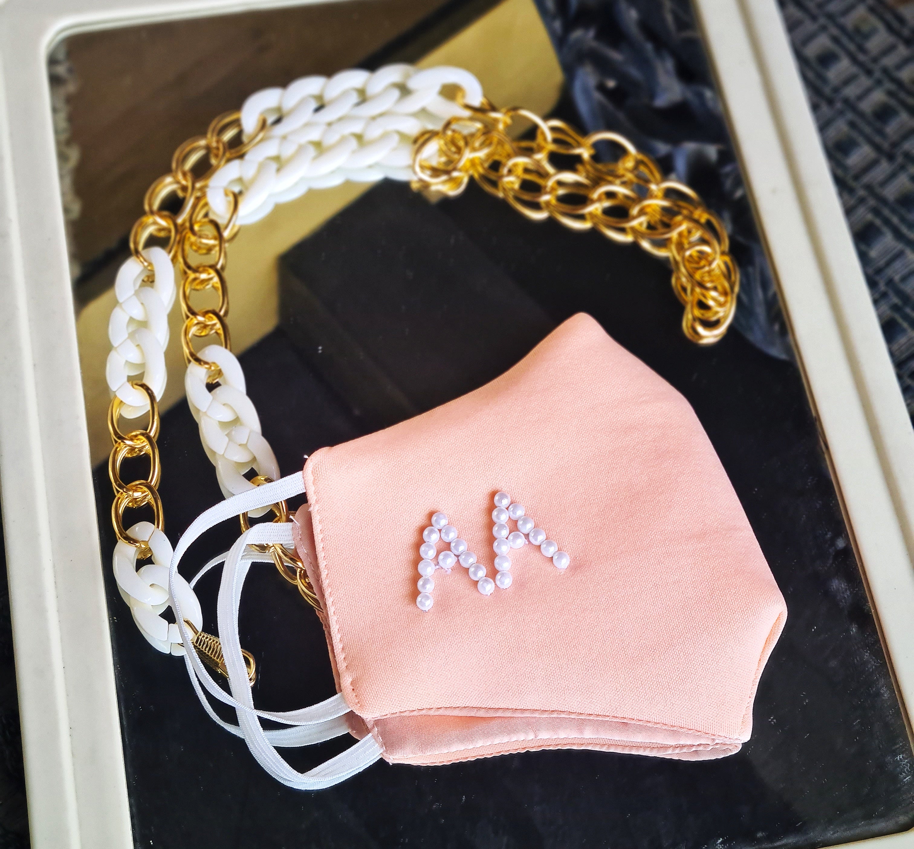 Customised initials Peach mask with chain – The House of Aqua